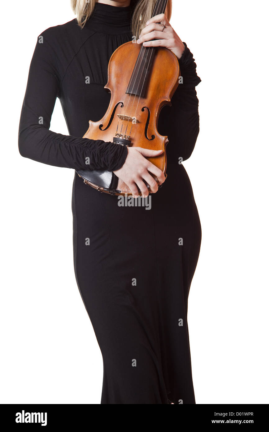 Woman in black dress holding viola in hand Stock Photo - Alamy