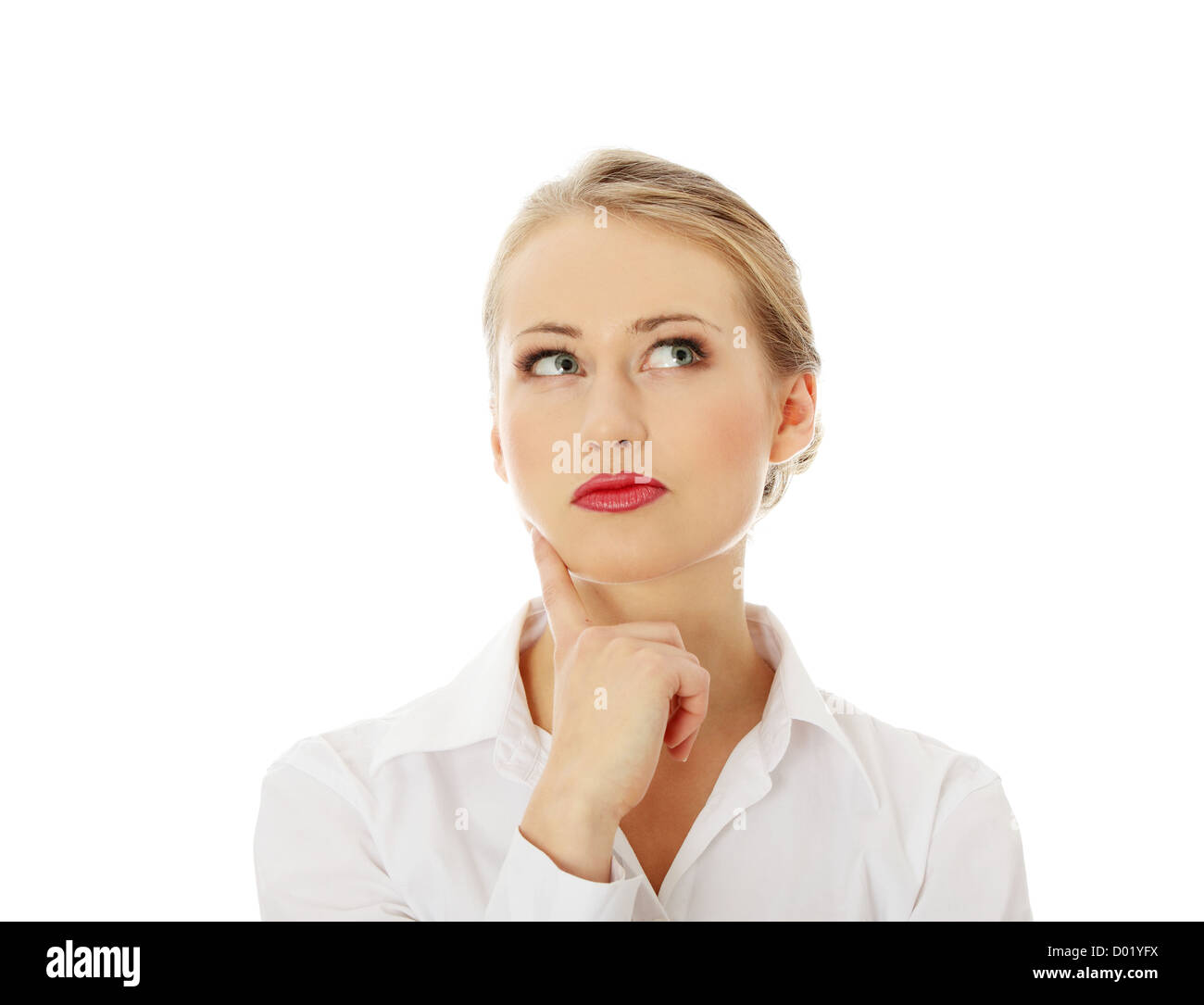 Thoughtful business woman looking right, isolated over a white ...