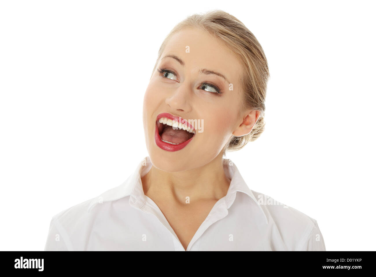 Amazed happy business woman looking left, isolated on white Stock Photo ...