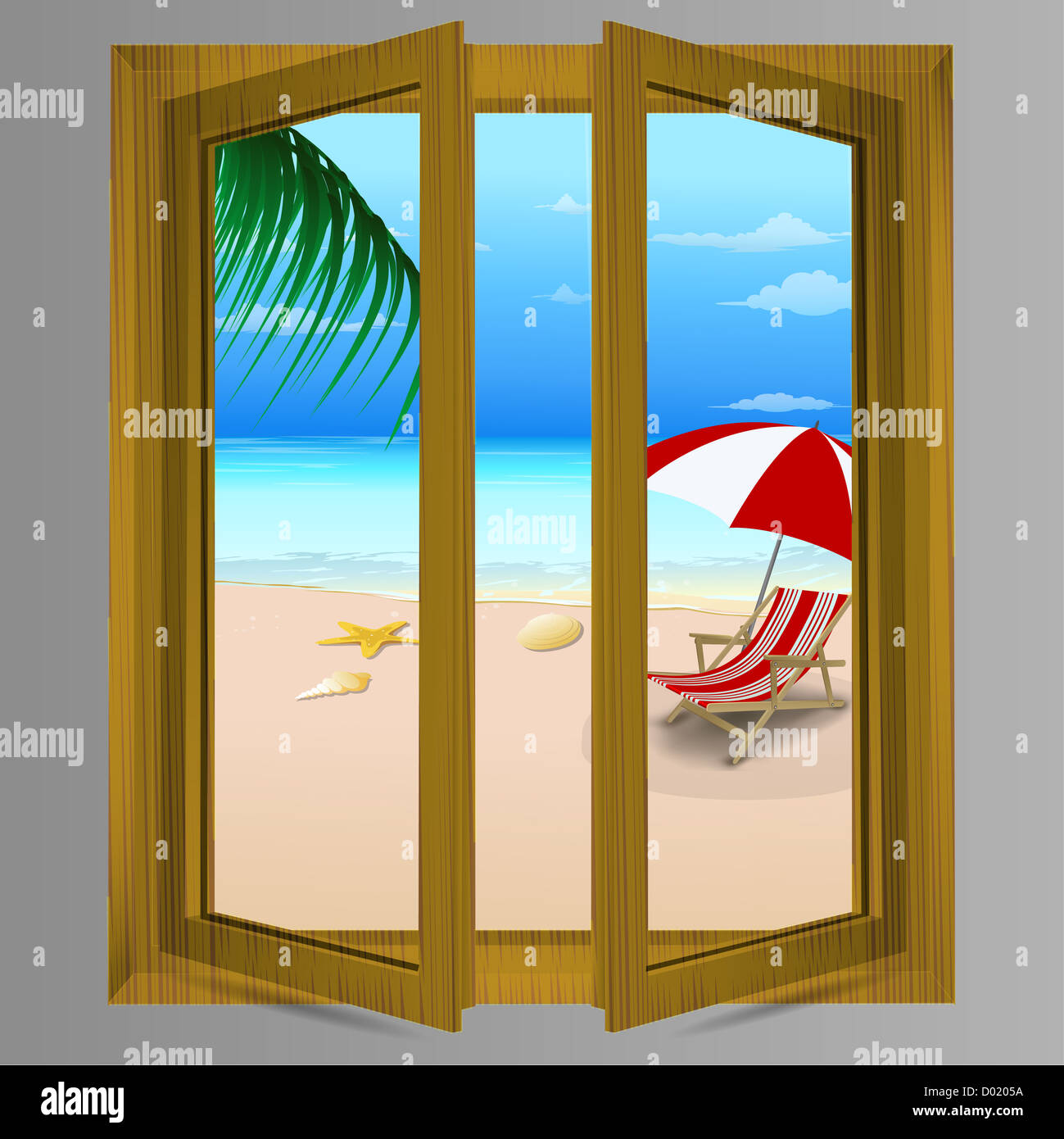 illustration of beach view from window on white background Stock Photo ...