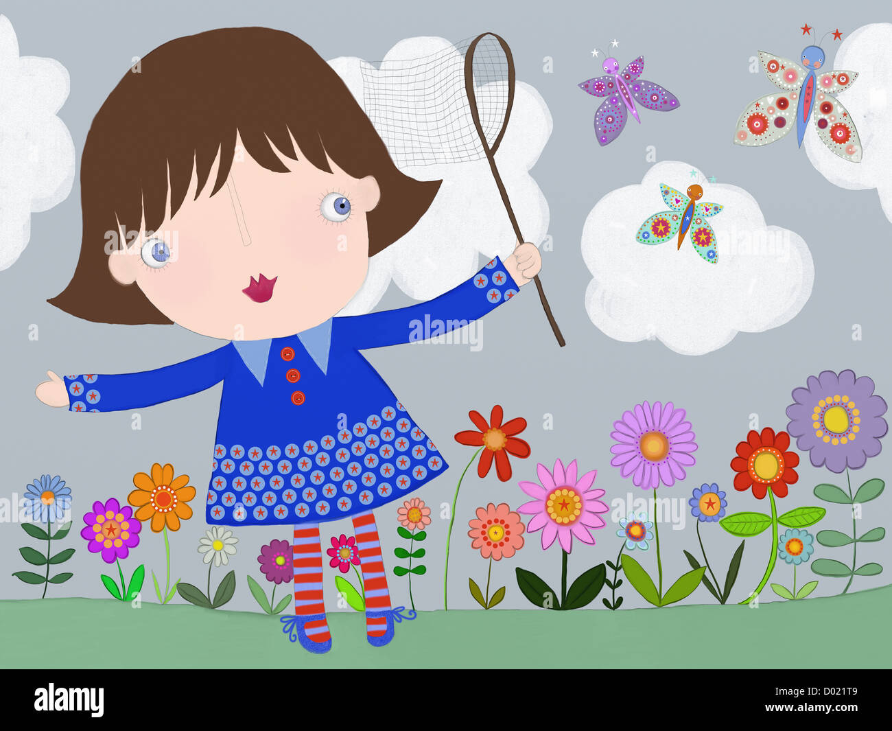 A little girl trying to catch butterflies with a net Stock Photo - Alamy