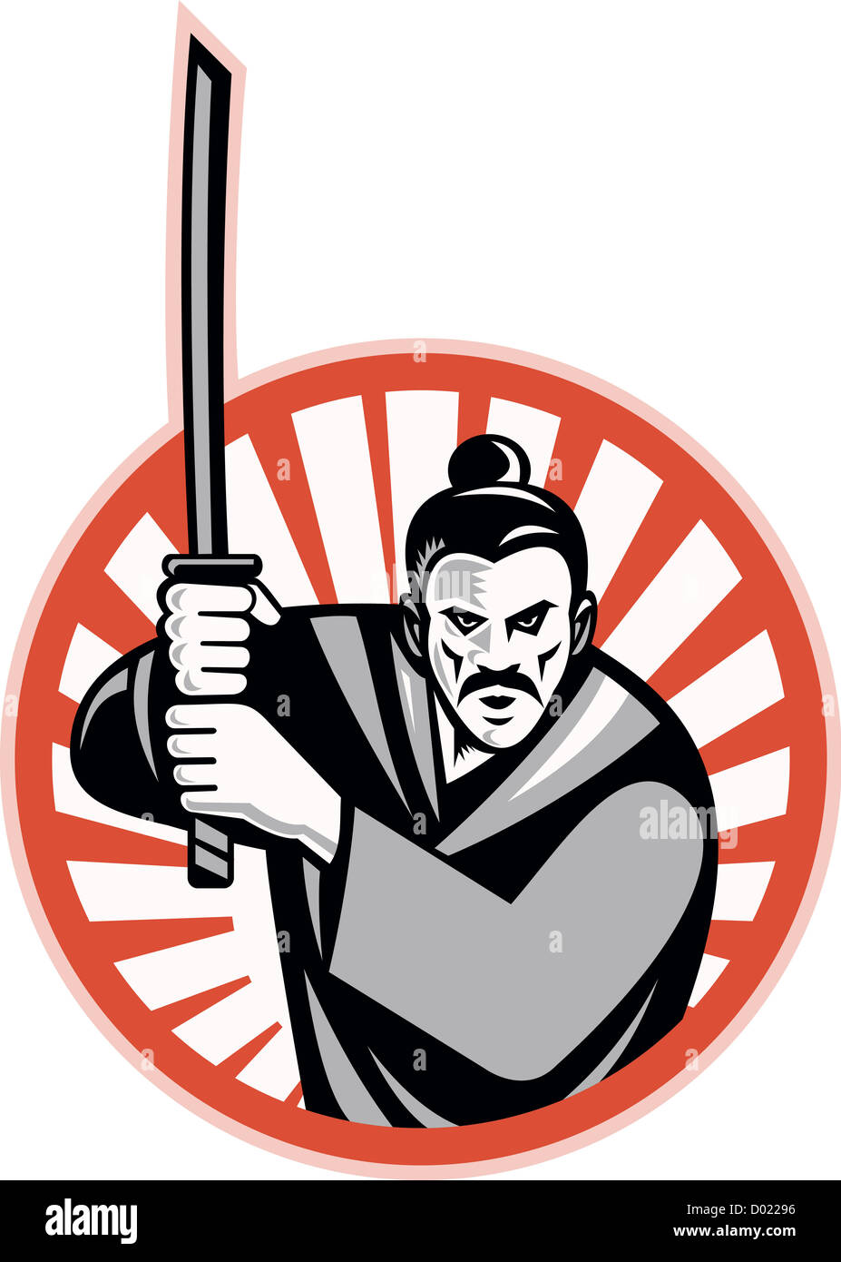 Illustration of a samurai warrior facing front with katana sword set ...