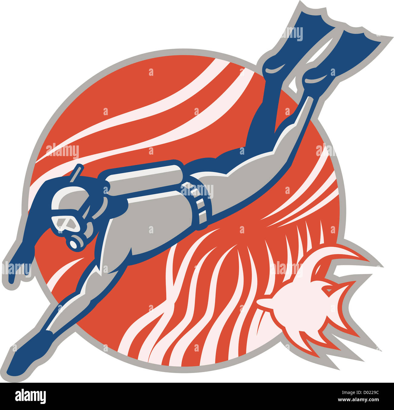 Illustration of a scuba diver diving swimming set inside circle done in ...