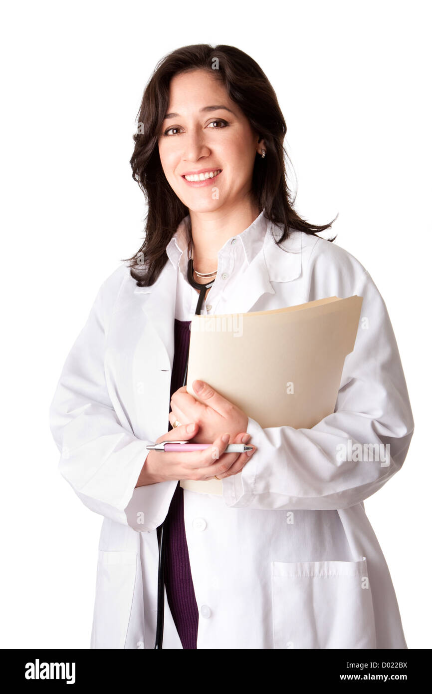 Beautiful happy female doctor physician holding patient medical chart ...