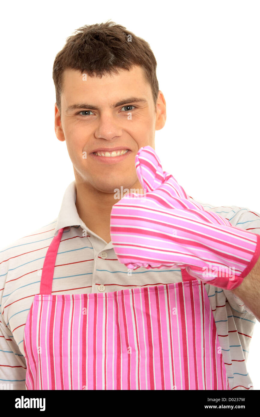 Man against a white background, wearing a pink kitchen apron Stock ...