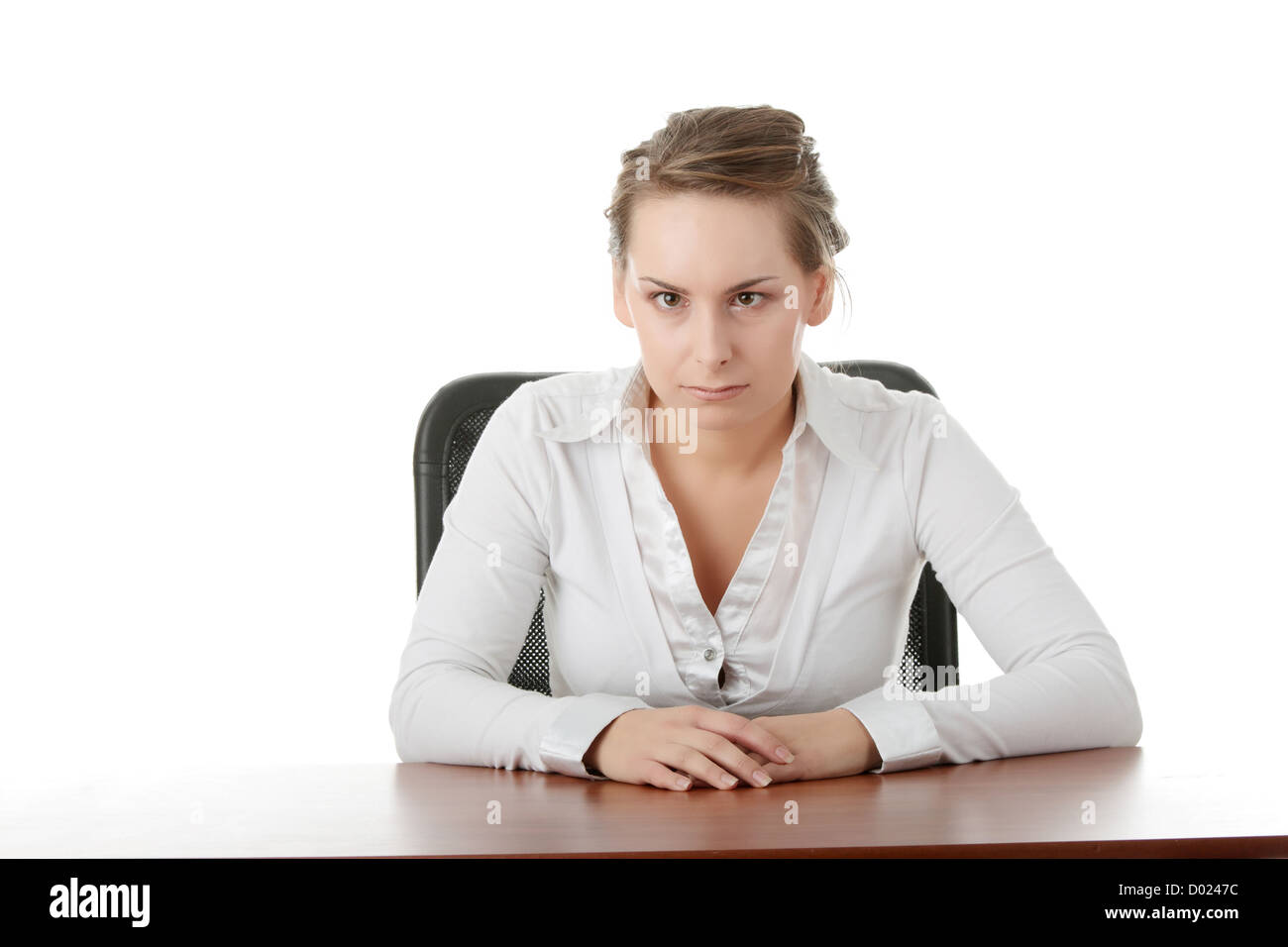 Young caucasian office worker woman behind the desk. Isolated on white ...