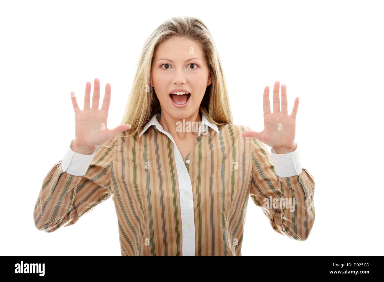 Young caucasian woman with hands up, isolated on white background Stock ...