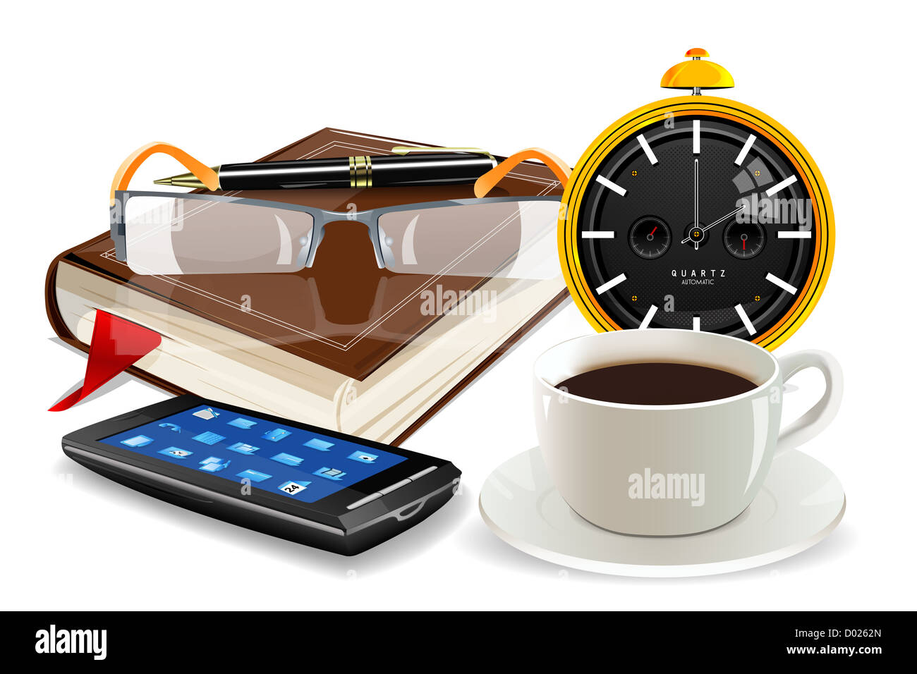 illustration of clock, diary, cup and spectacles on white background ...