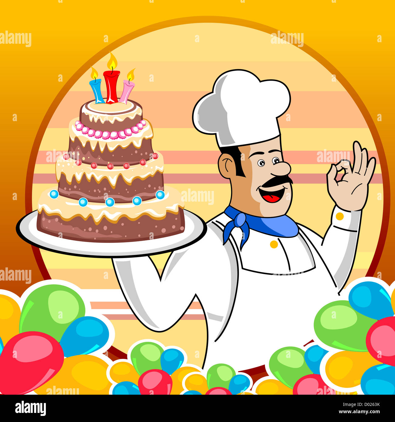 illustration of birthday card with balloons cake and cook Stock Photo ...