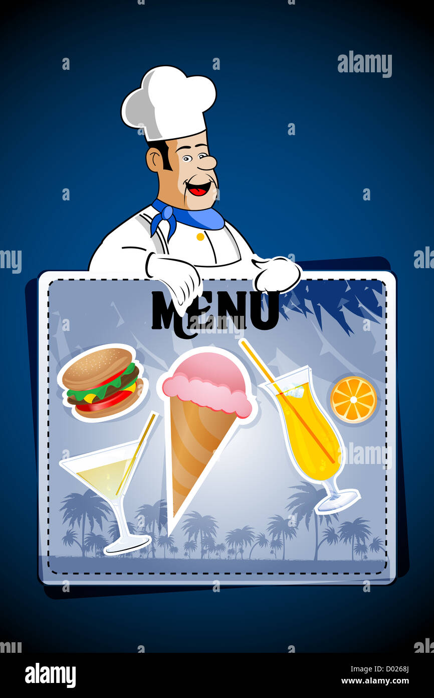 illustration of chef with junk foods on abstract background Stock Photo ...