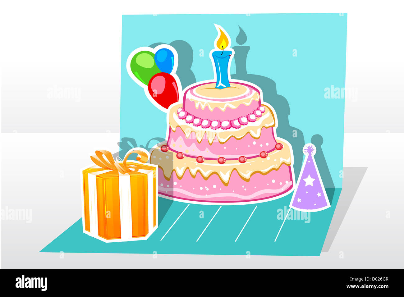 illustration of birthday card with gift cake balloon on abstract ...