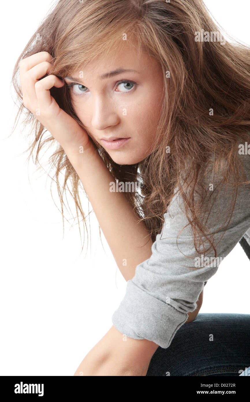 Young beautiful woman with depression isolated on white Stock Photo - Alamy