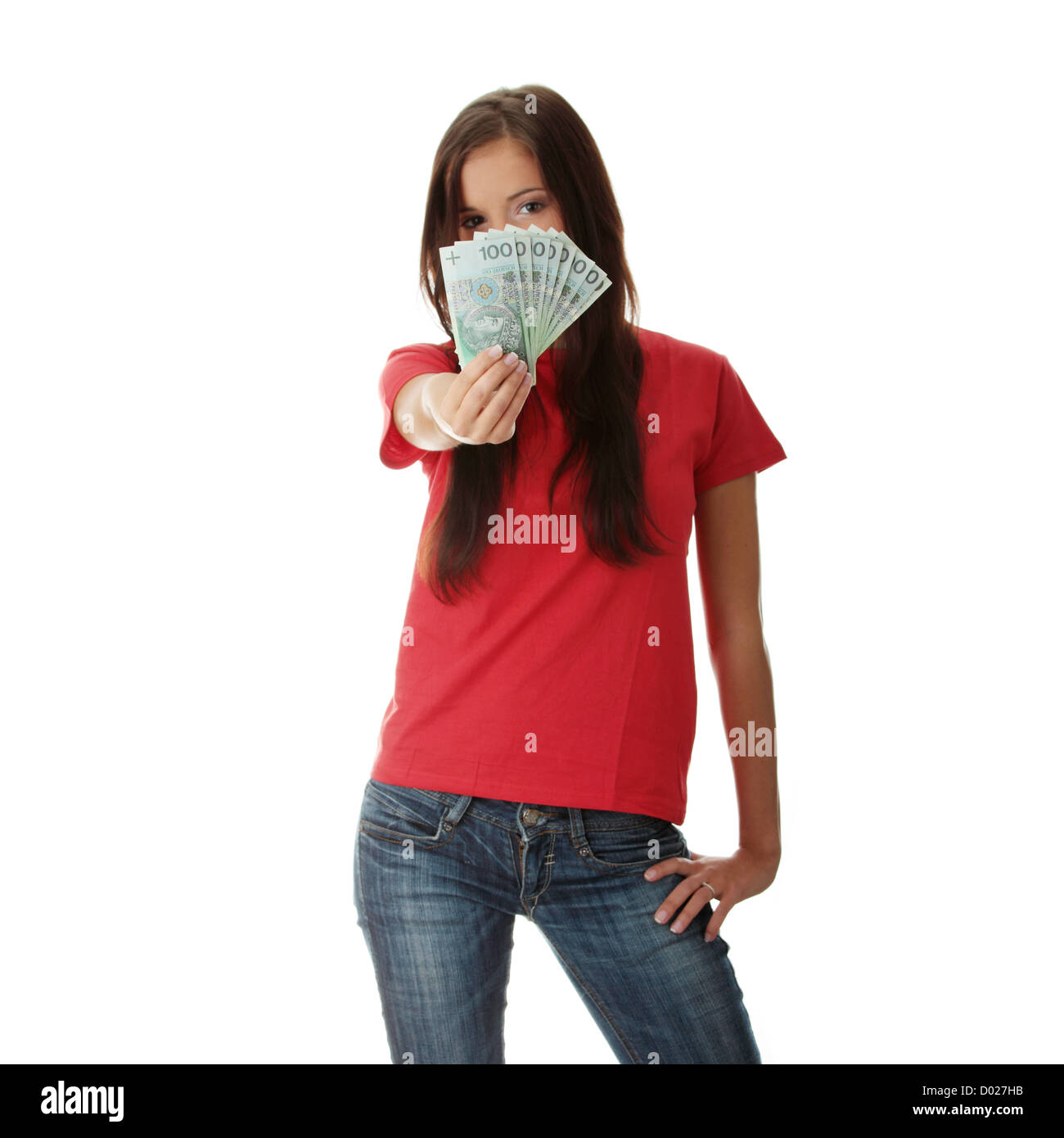 Young lady holding cash Stock Photo - Alamy