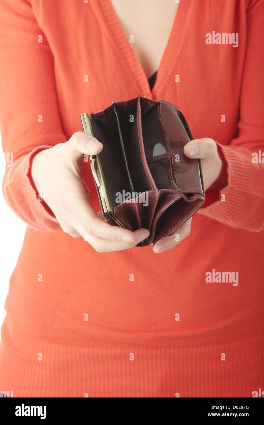 Young woman shows her empty wallet, isolated on white Stock Photo - Alamy