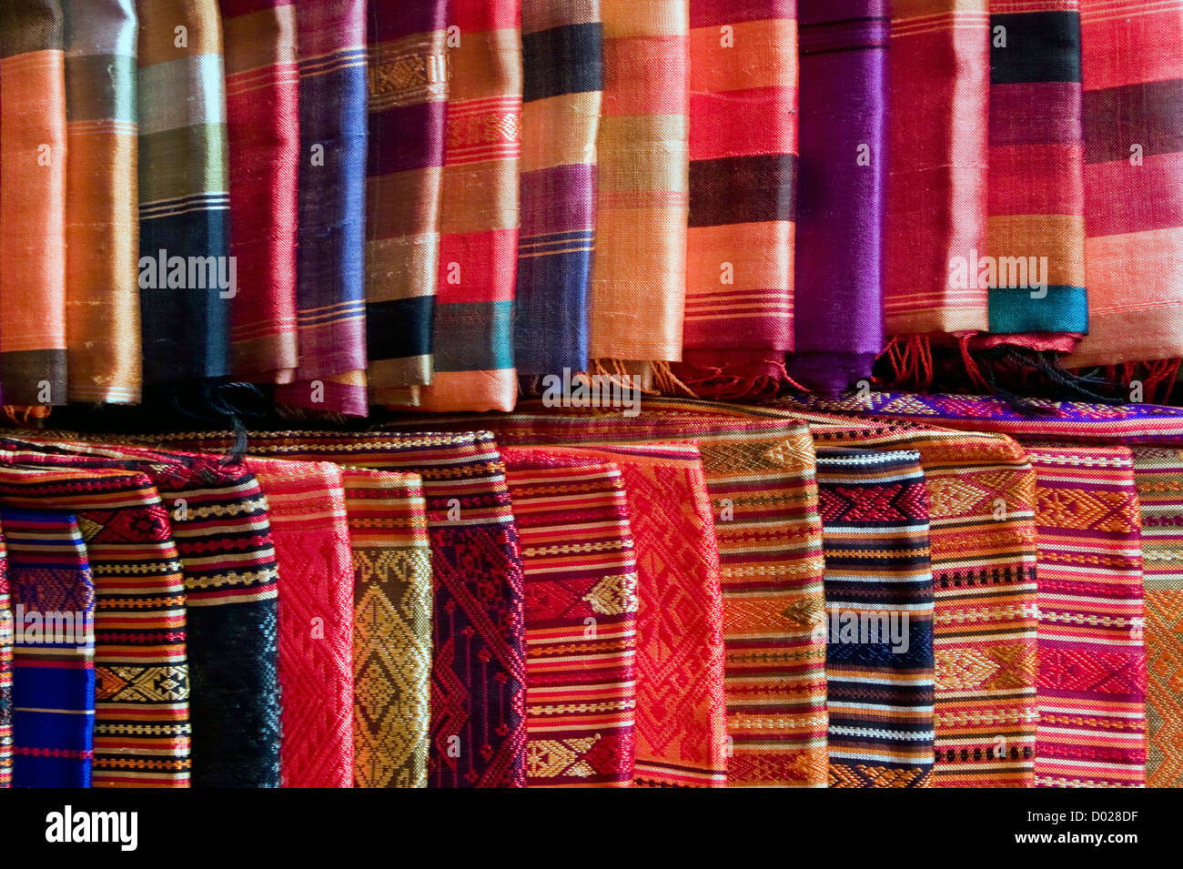 Traditional patterned silks display Luang Prabang Laos Stock Photo - Alamy