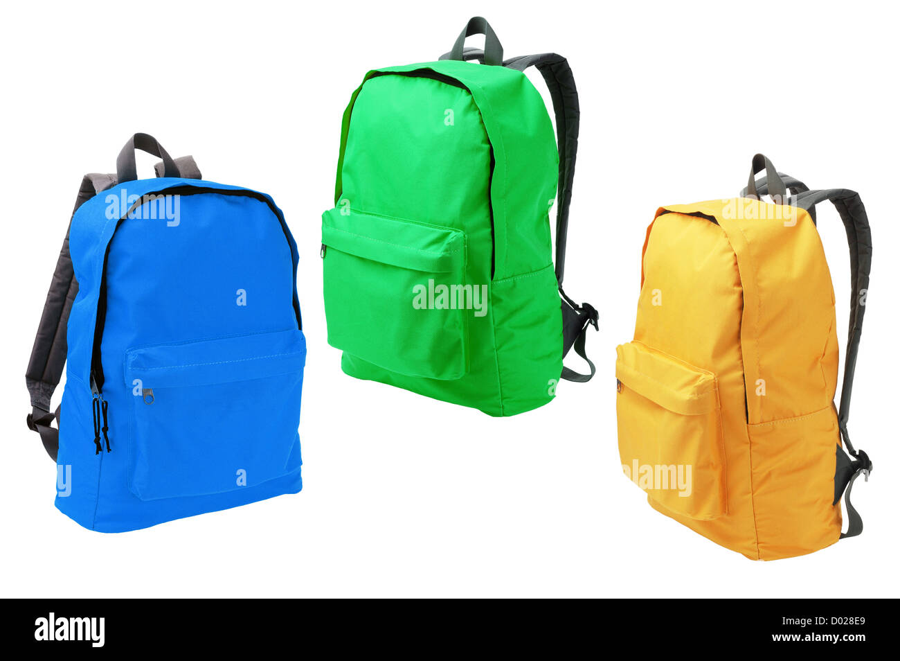 Three Colorful Backpacks Standing on White Background Stock Photo - Alamy