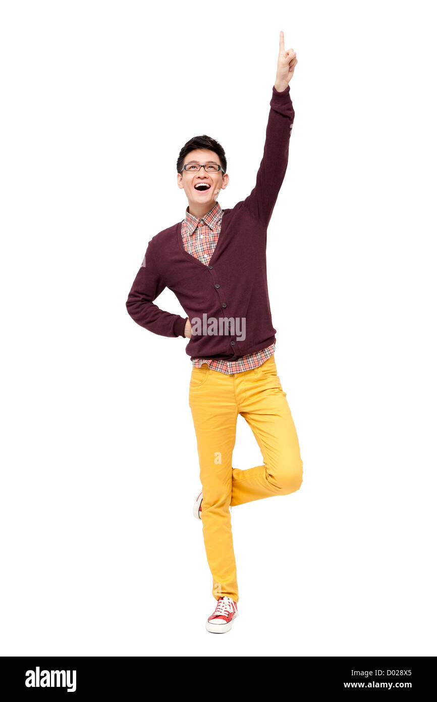 Active young man raising finger up in Chinese New Year Stock Photo - Alamy