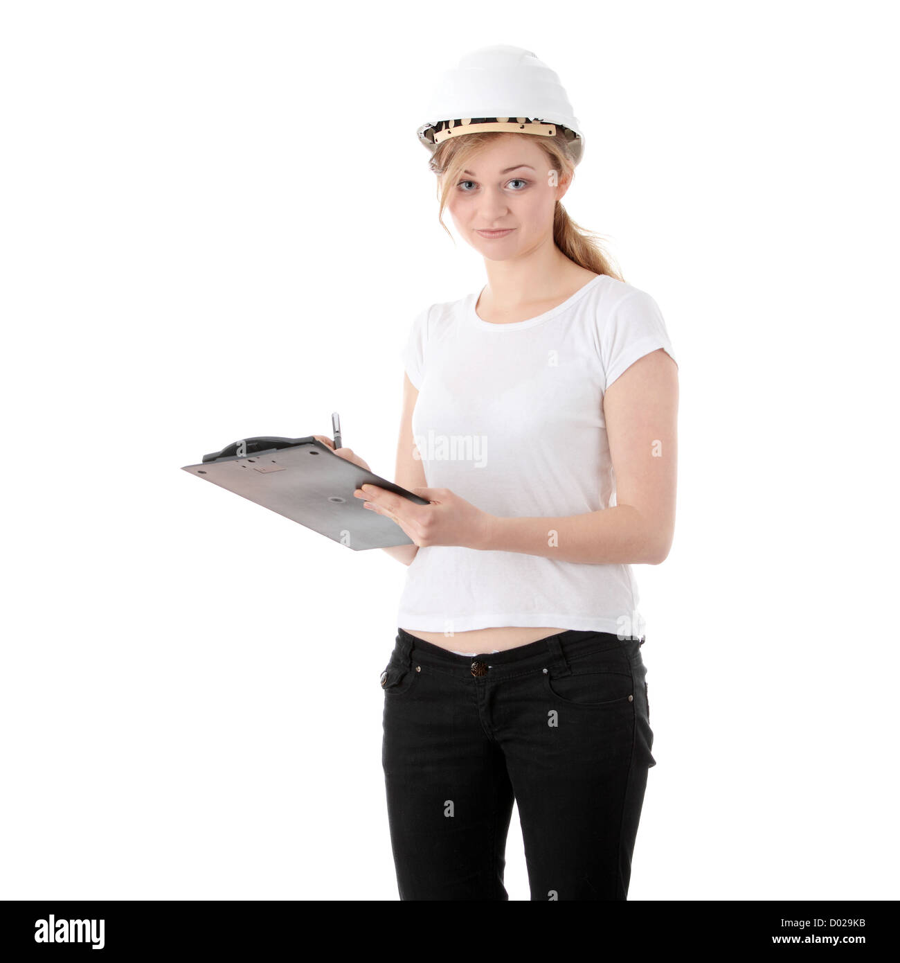 Engineer woman in white helmet Stock Photo - Alamy