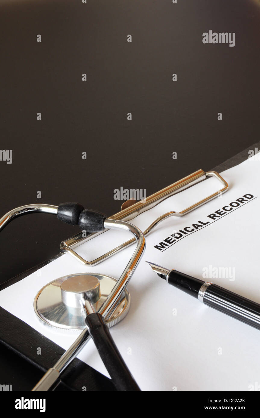 medical record clipboard and stethoscope showing health or medicine ...