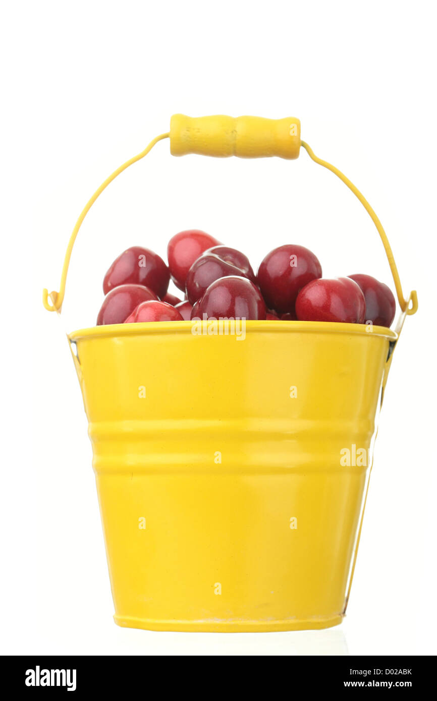 Cherries in colorful yellow metal bucket isolated on white background ...