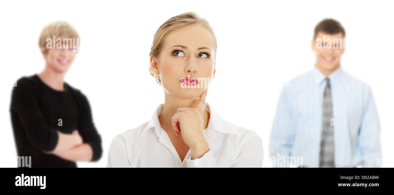 Thoughtful business woman looking right (making a choice) , isolated ...