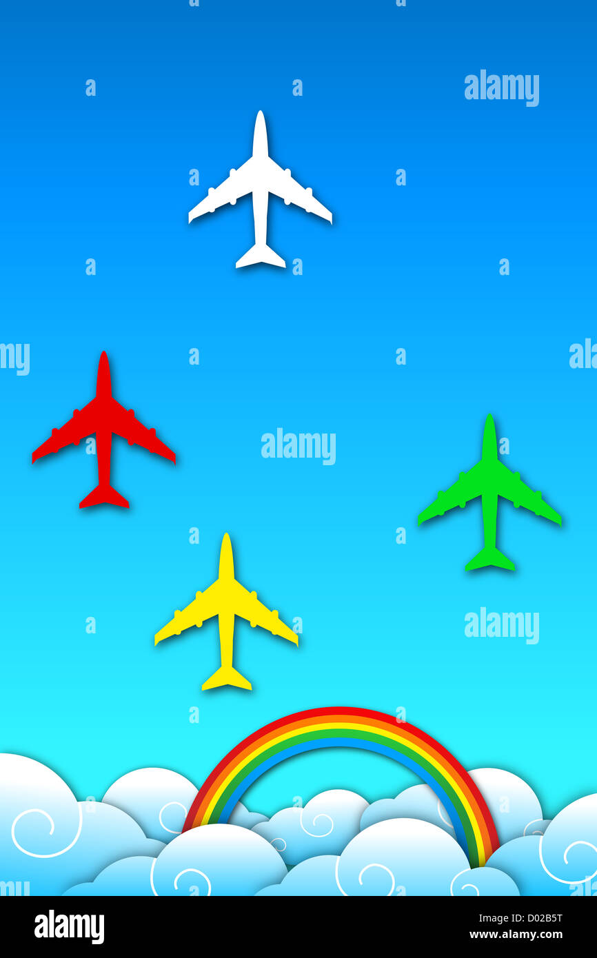 illustration of aeroplane in sky with rainbow on abstract background ...