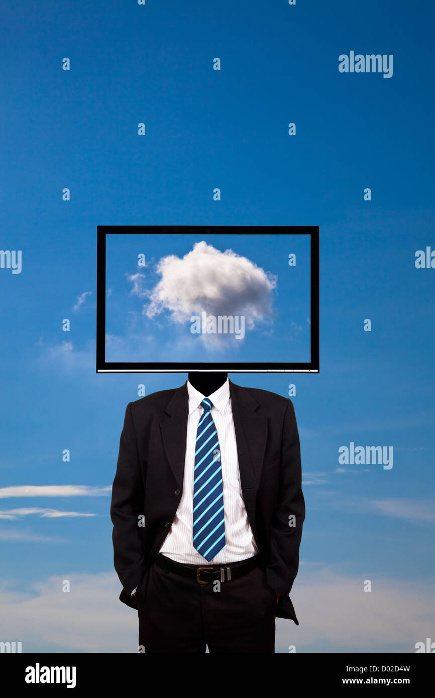 business dreamer with computer monitor head Stock Photo - Alamy