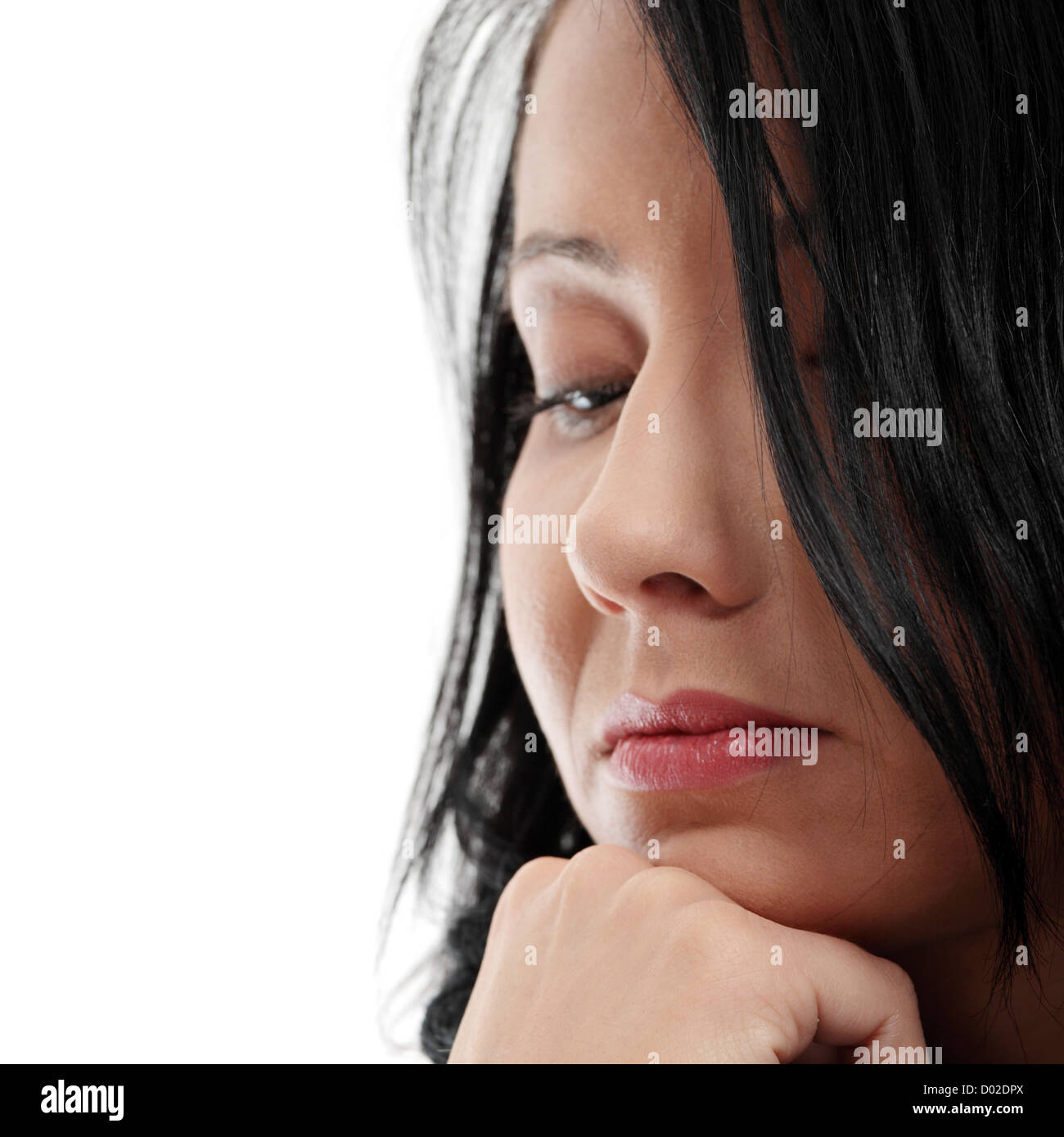 A worried and afraid young woman. Isolated on white Stock Photo - Alamy