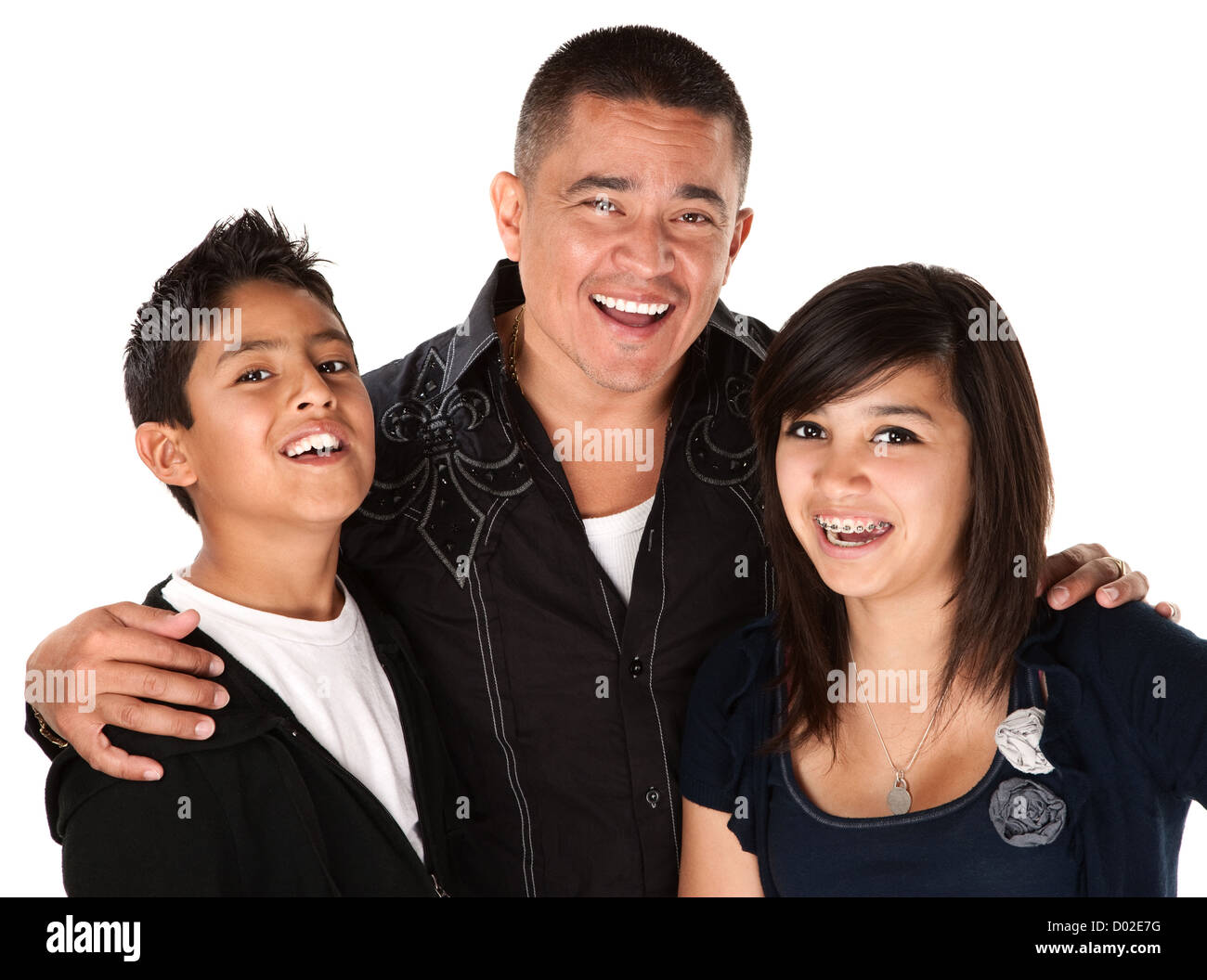 Smiling Hispanic father with happy children on white background Stock ...