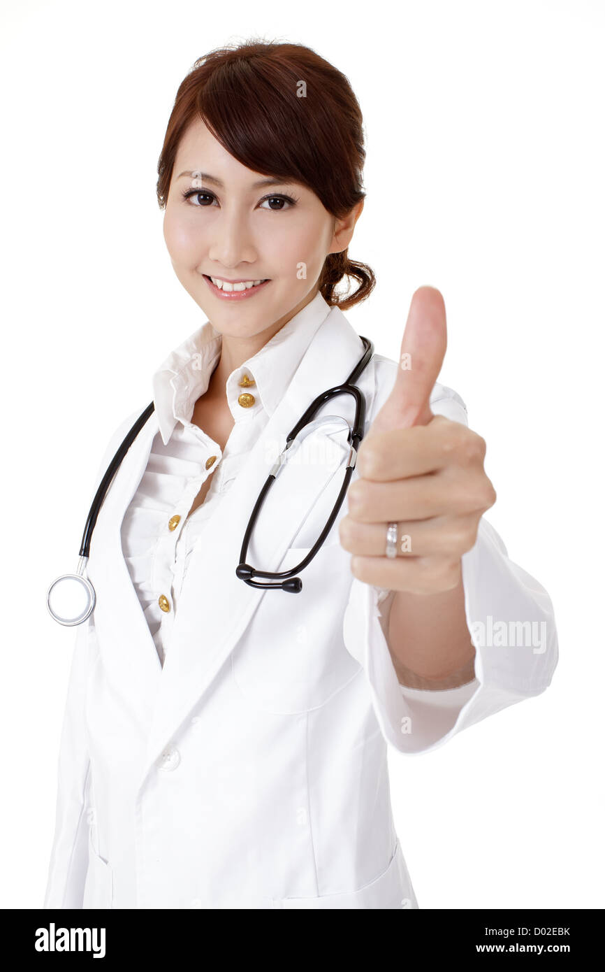 Smiling Japaneses doctor give you an excellent sign, closeup portrait ...