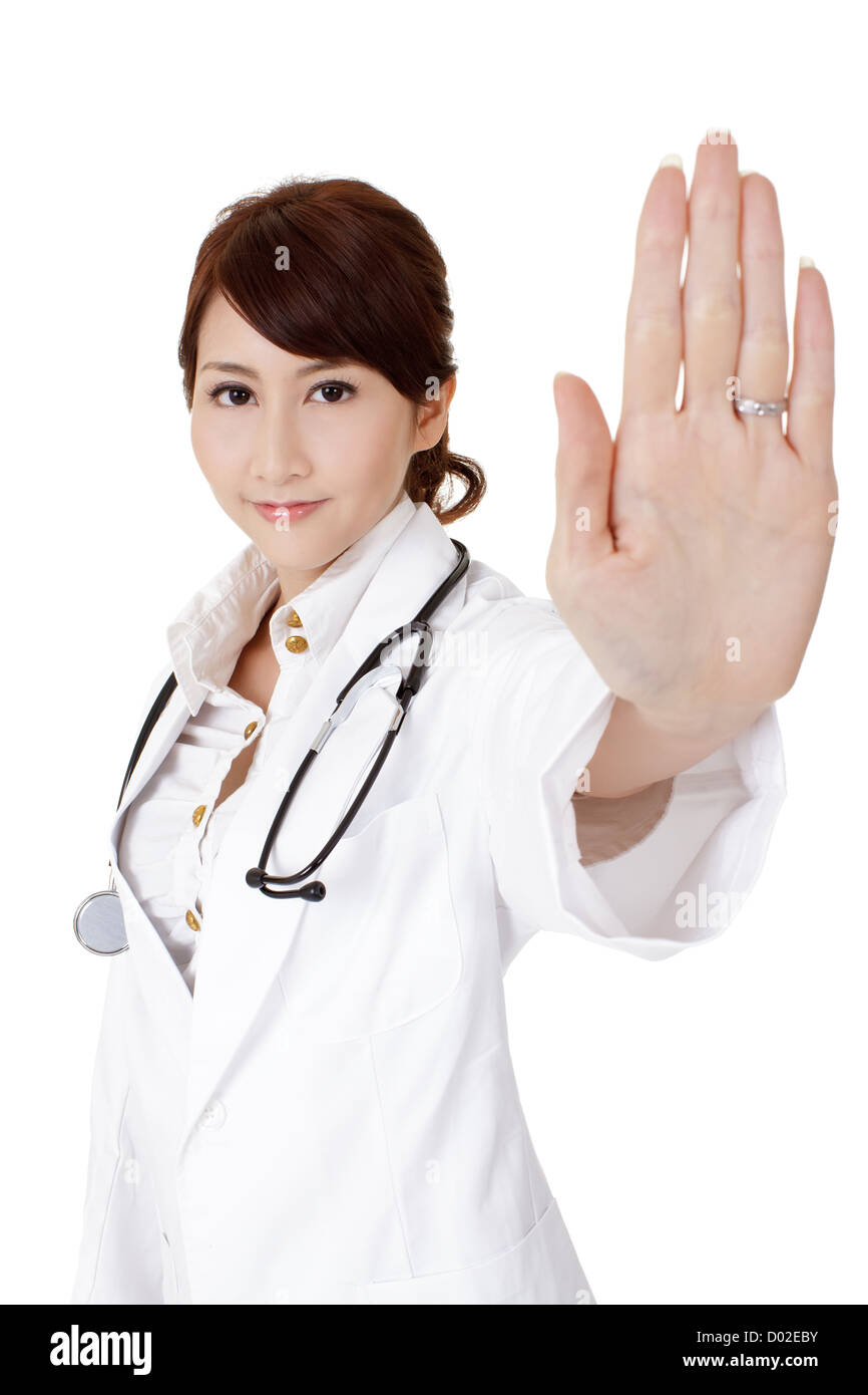 Asian doctor give you reject gesture, closeup portrait on white ...