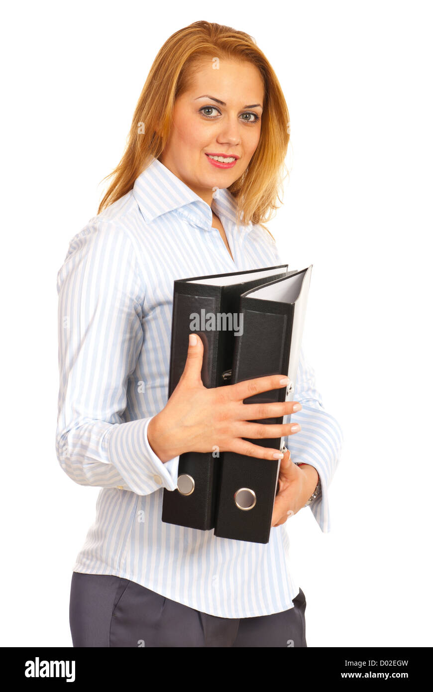 Executive woman holding folders isolated on white background Stock ...