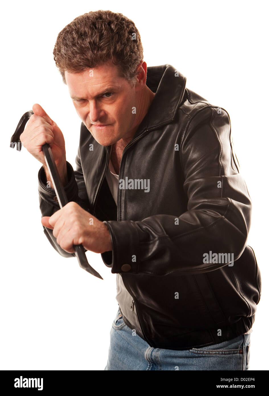Man ready to force apart something using a crowbar Stock Photo - Alamy