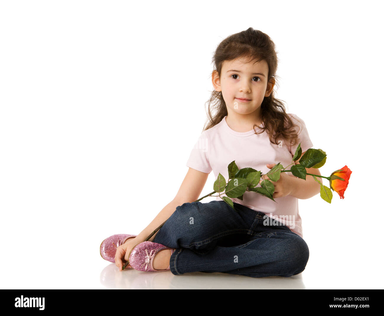 Cheerful five years girl holding rose isolated on white Stock Photo - Alamy