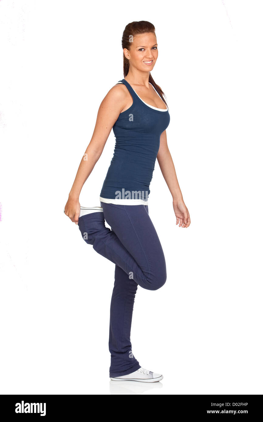 Attractive girl stretching isolated on white background Stock Photo - Alamy