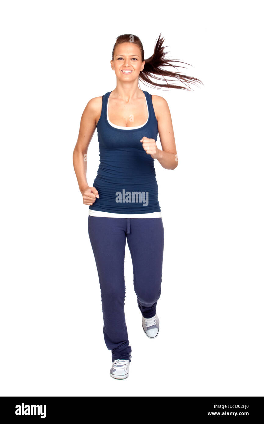 Attractive girl running isolated on white background Stock Photo - Alamy