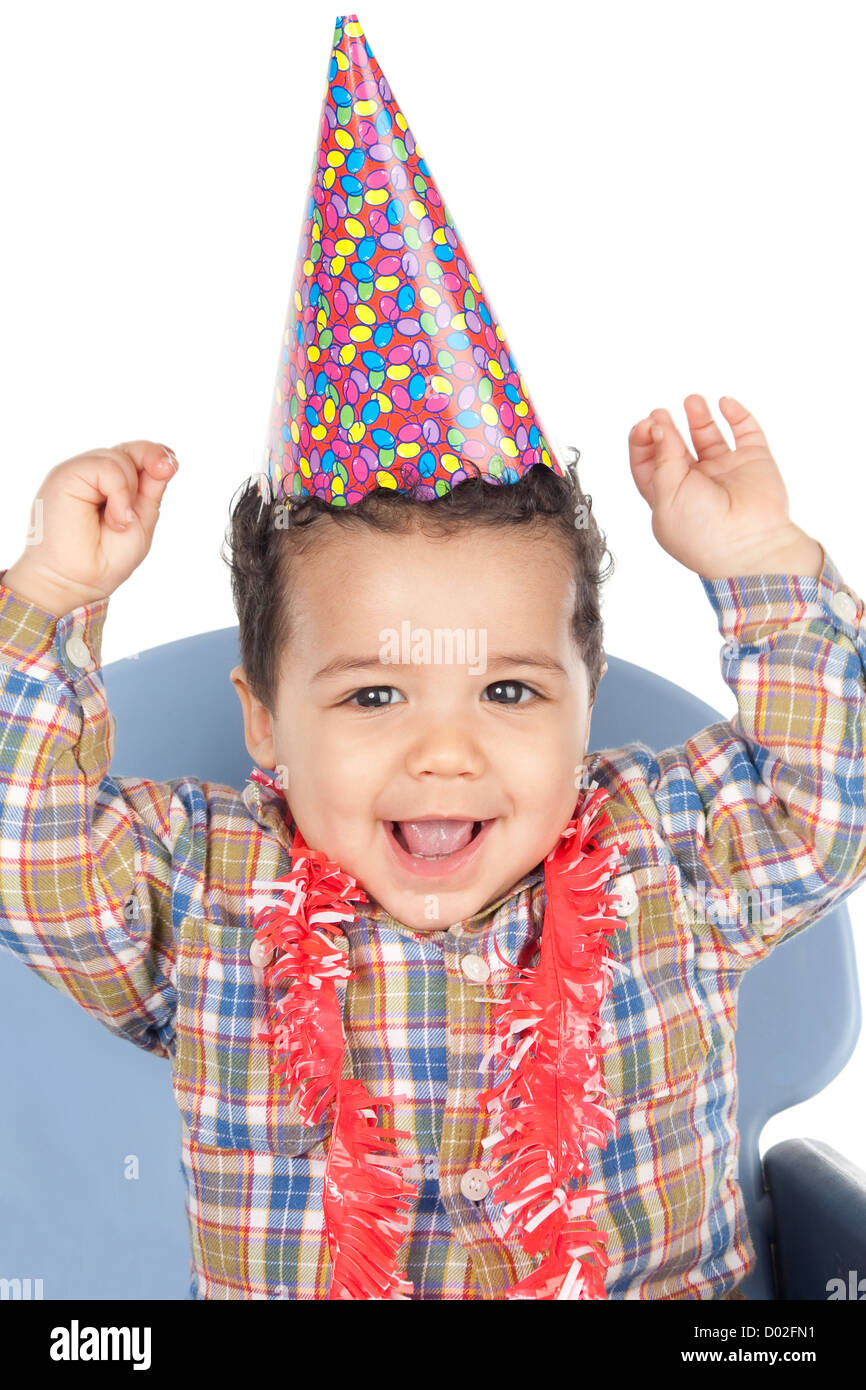 Adorable baby celebrating the birthday isolated on a over white ...