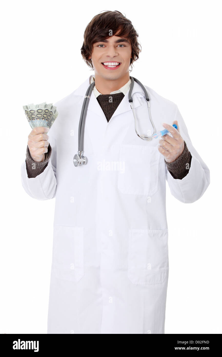 Young doctor with money and syringe Stock Photo - Alamy