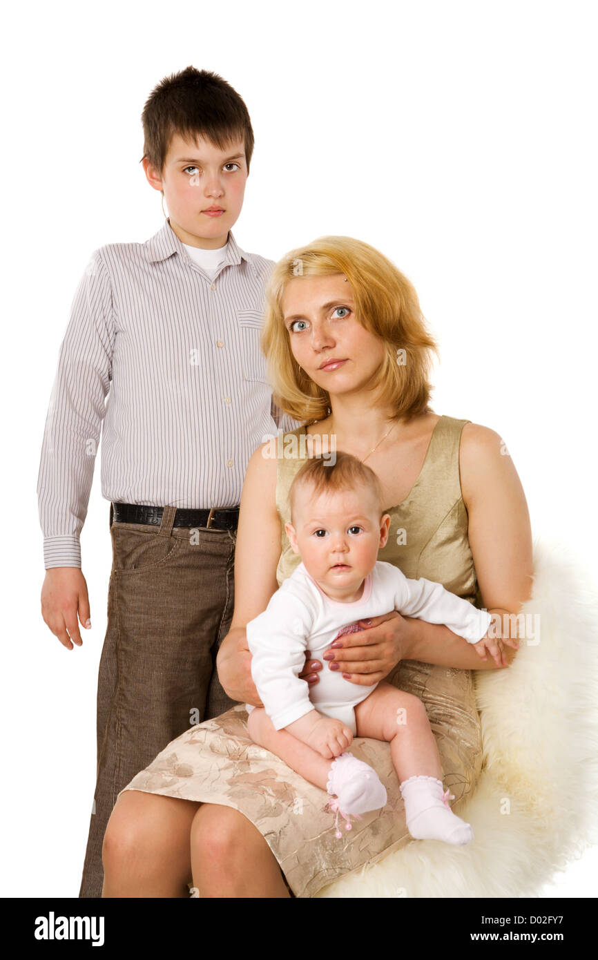Family portrait of mother and two kids isolated on white Stock Photo ...