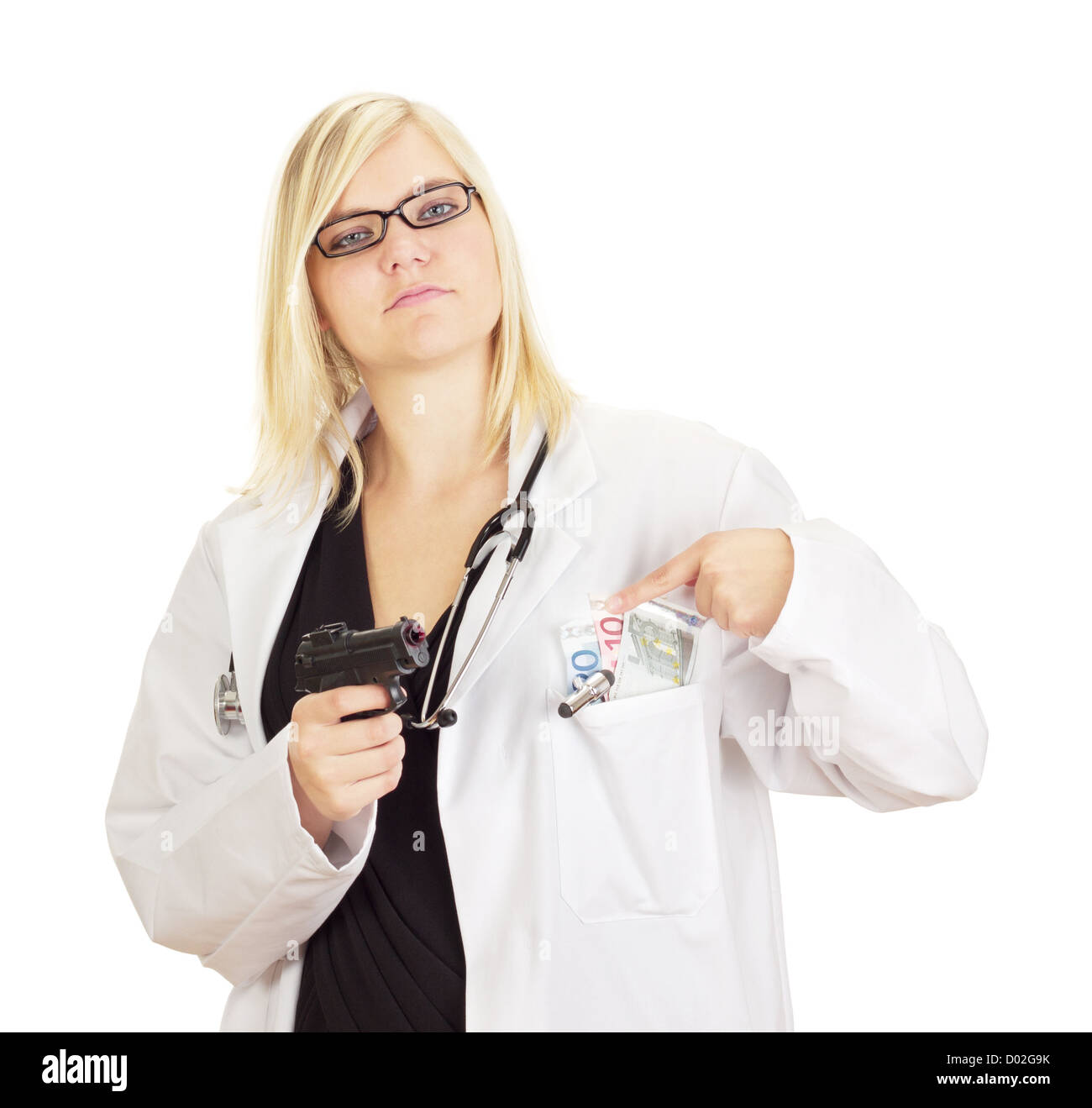 Medical doctor with a gun and money Stock Photo - Alamy