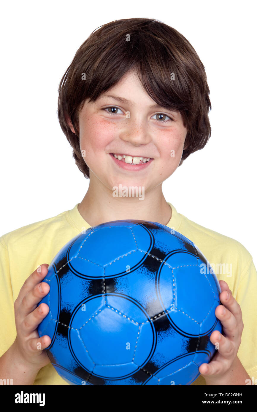 Adorable child with a blue soccer ball isolated on white background ...