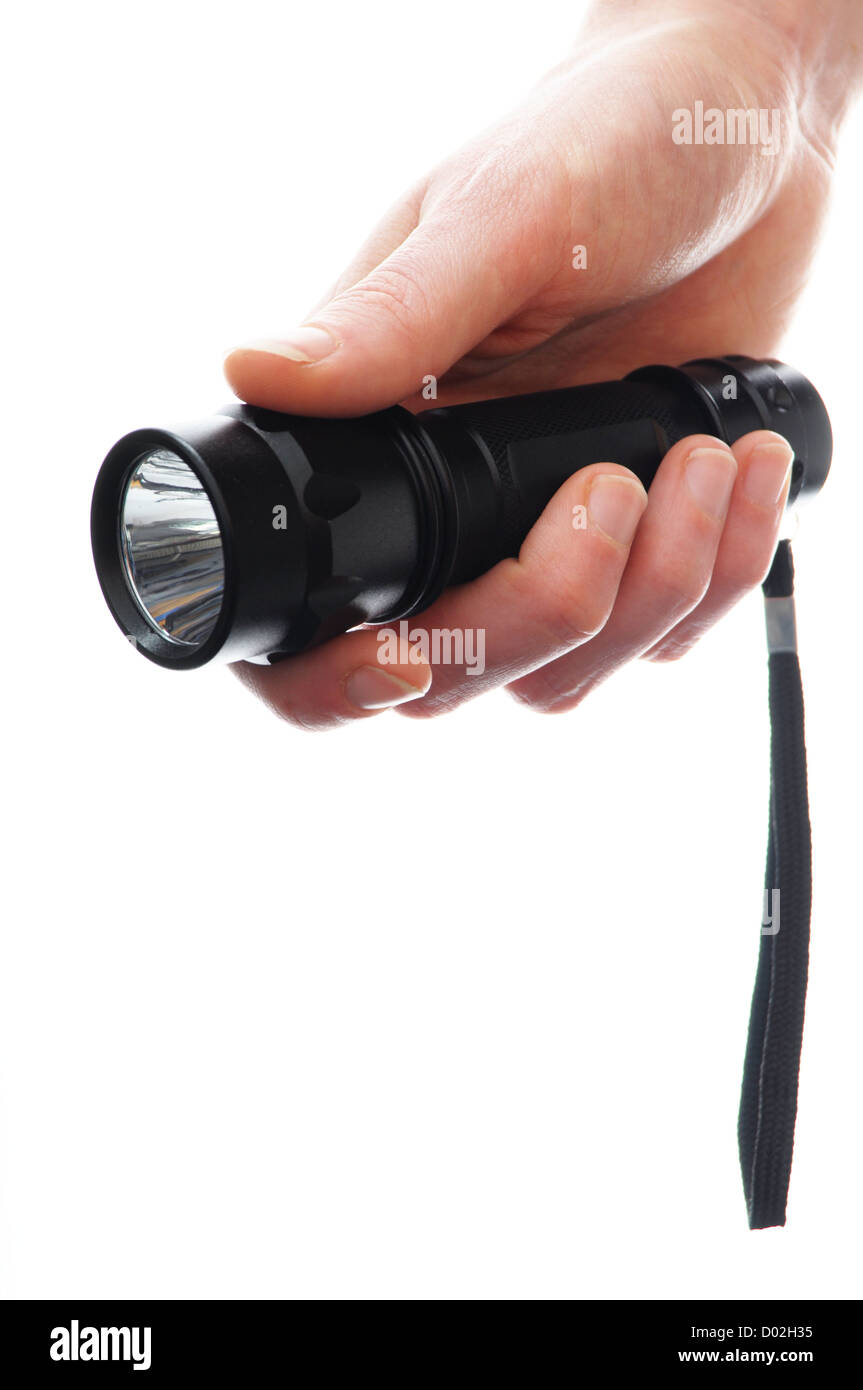 hand holding flashlight isolated on a white background Stock Photo - Alamy