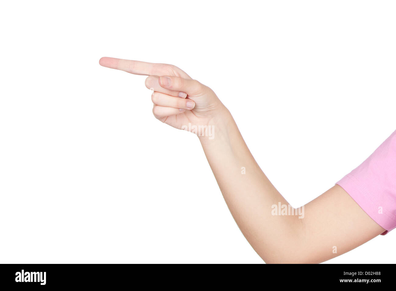 Finger pointing somethin isolated on white background Stock Photo - Alamy
