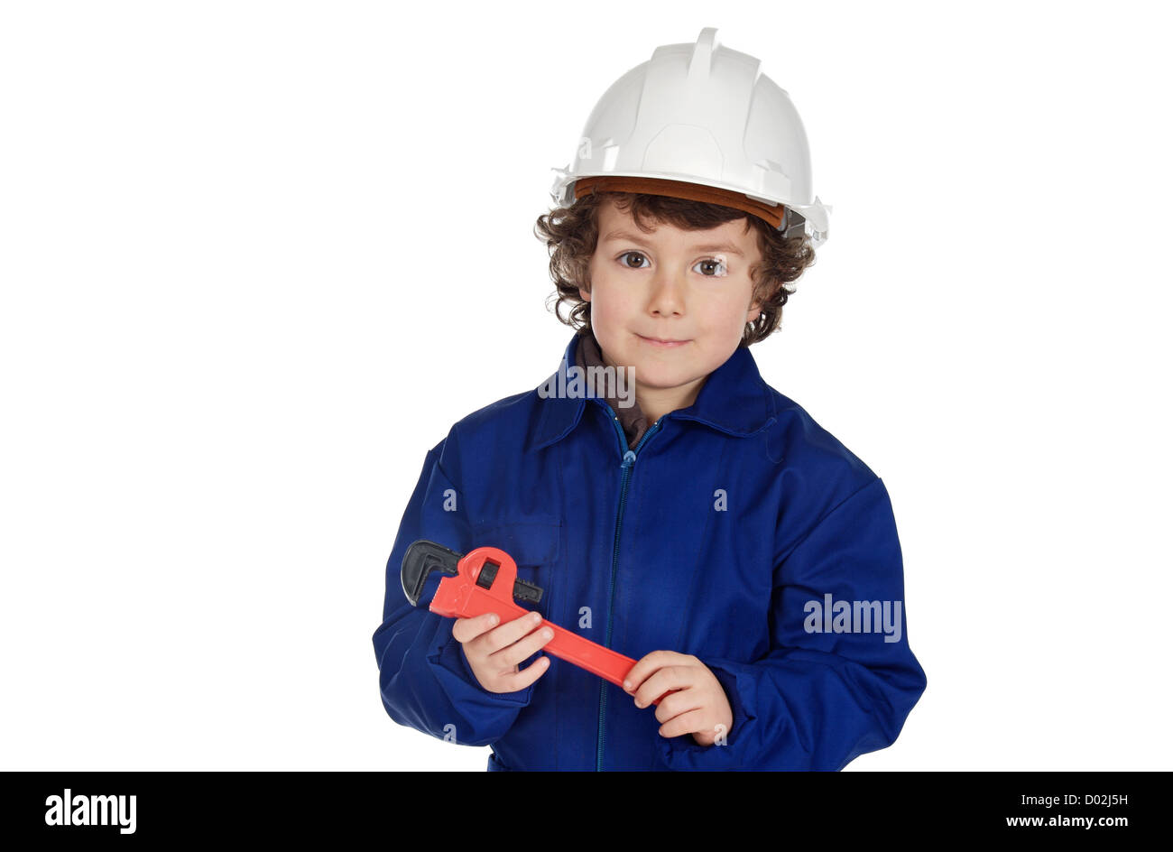 Adorable boy dressed of repairman on a over white background Stock ...
