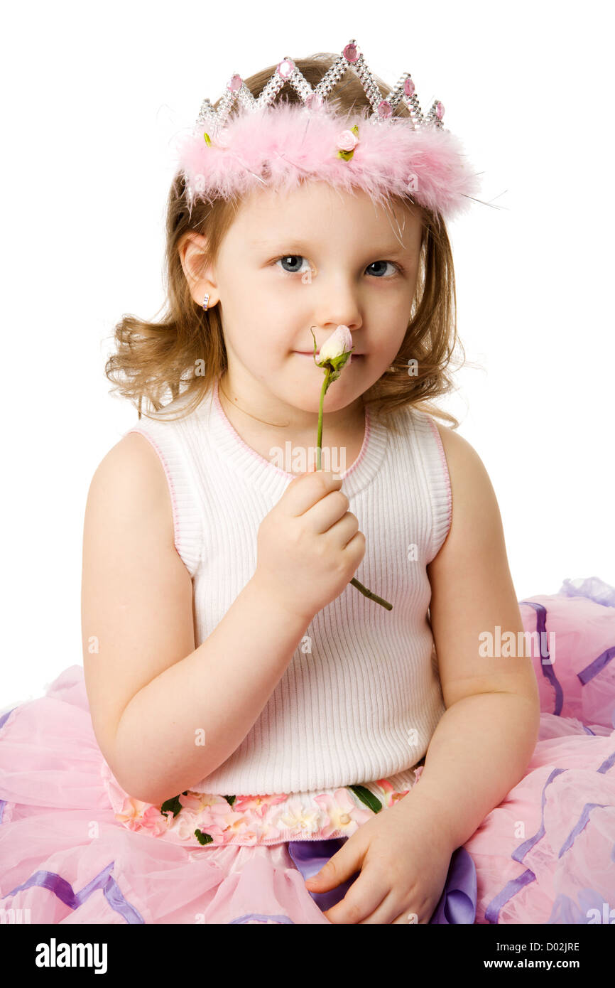 Happy little princess holding rose isolated on white Stock Photo - Alamy