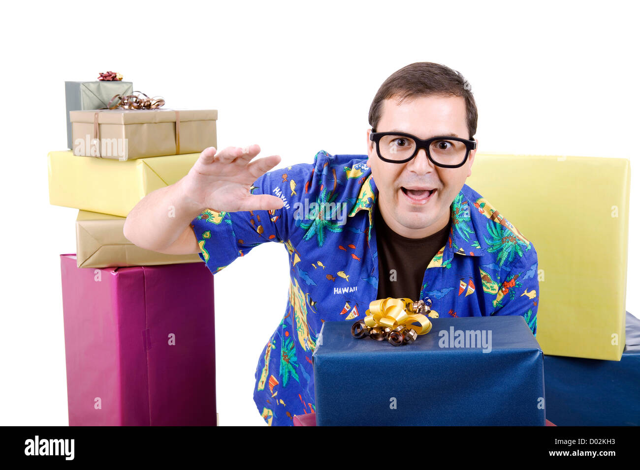happy silly salesman with some boxes, isolated on white Stock Photo - Alamy
