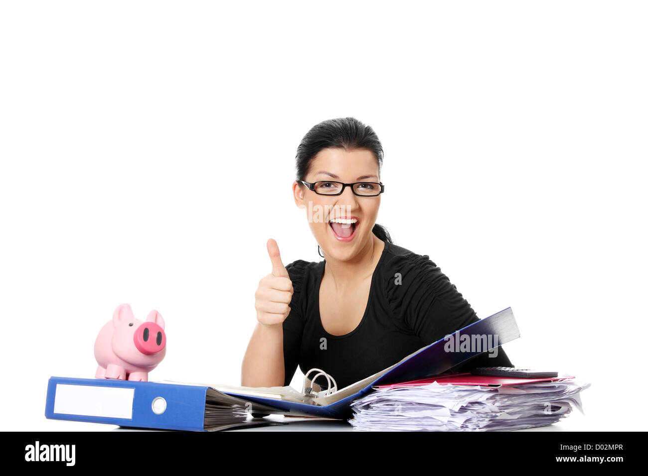 Young woman at the desk gesturing OK Stock Photo - Alamy