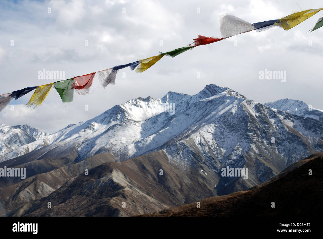 Buddhist pray flags on a high pass in the dolpo region of nepal with ...