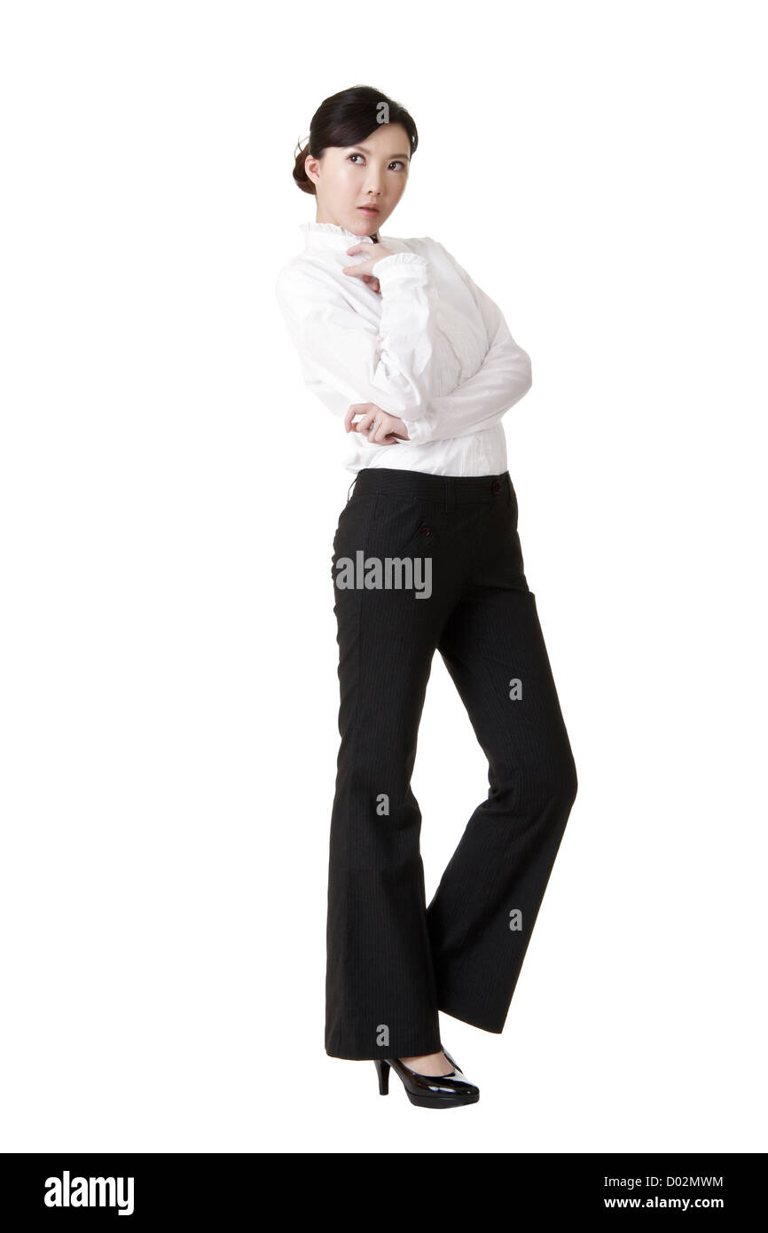 Confident business woman of Chinese, full length portrait isolated over ...