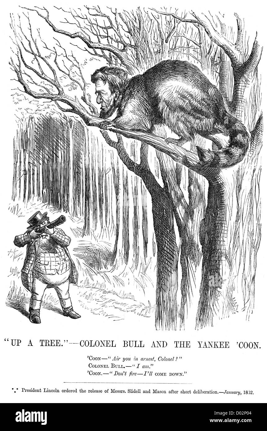 Up A Tree, Colonel Bull and the Yankee Coon. Political cartoon about ...